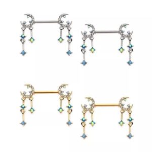 14GA 316L Stainless Steel Gemmed Crescent Moon and Star with Dangling Charms Nipple Barbells, Sold as a Pair (Gold Tone)