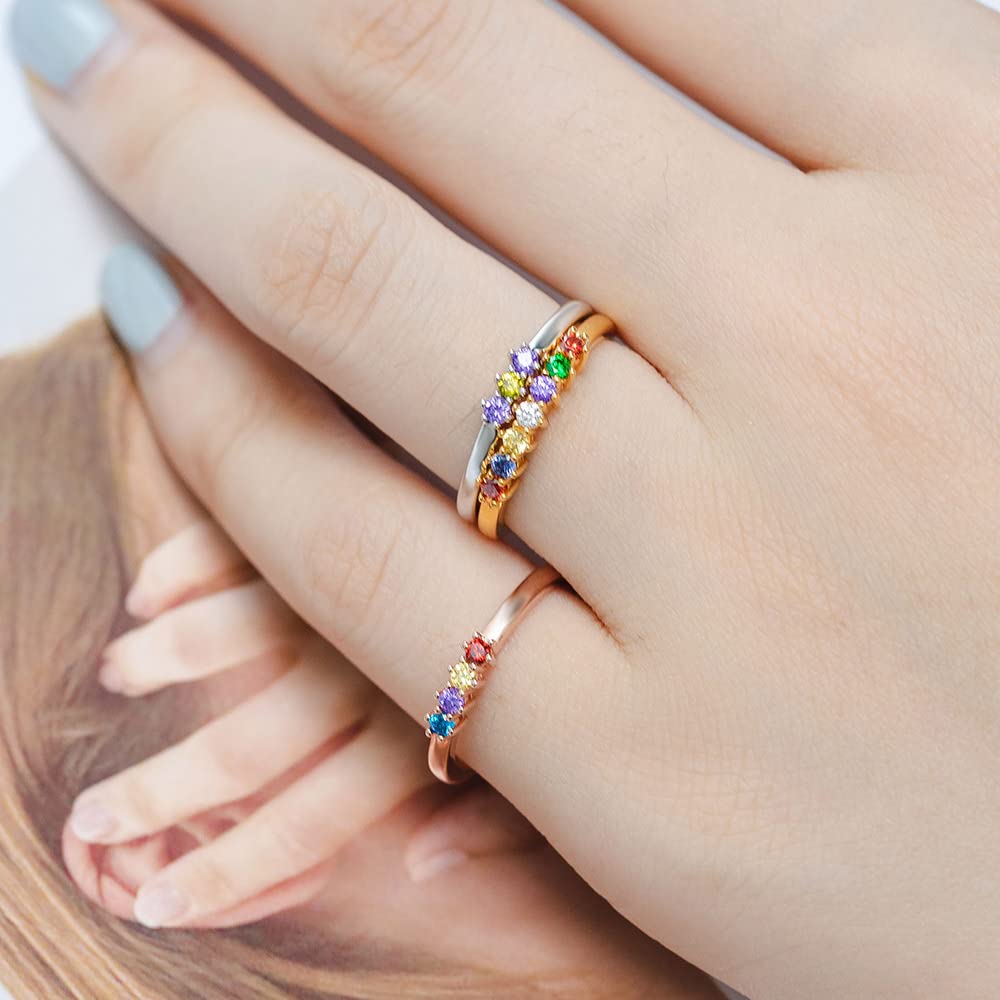 AILIN Custom Birthstone Rings For Mother 925 Sterling Silver Personalized 1-10 Stones Dainty Stacking Rings Family Jewelry Valentine Gifts For Women Wife Grandmother