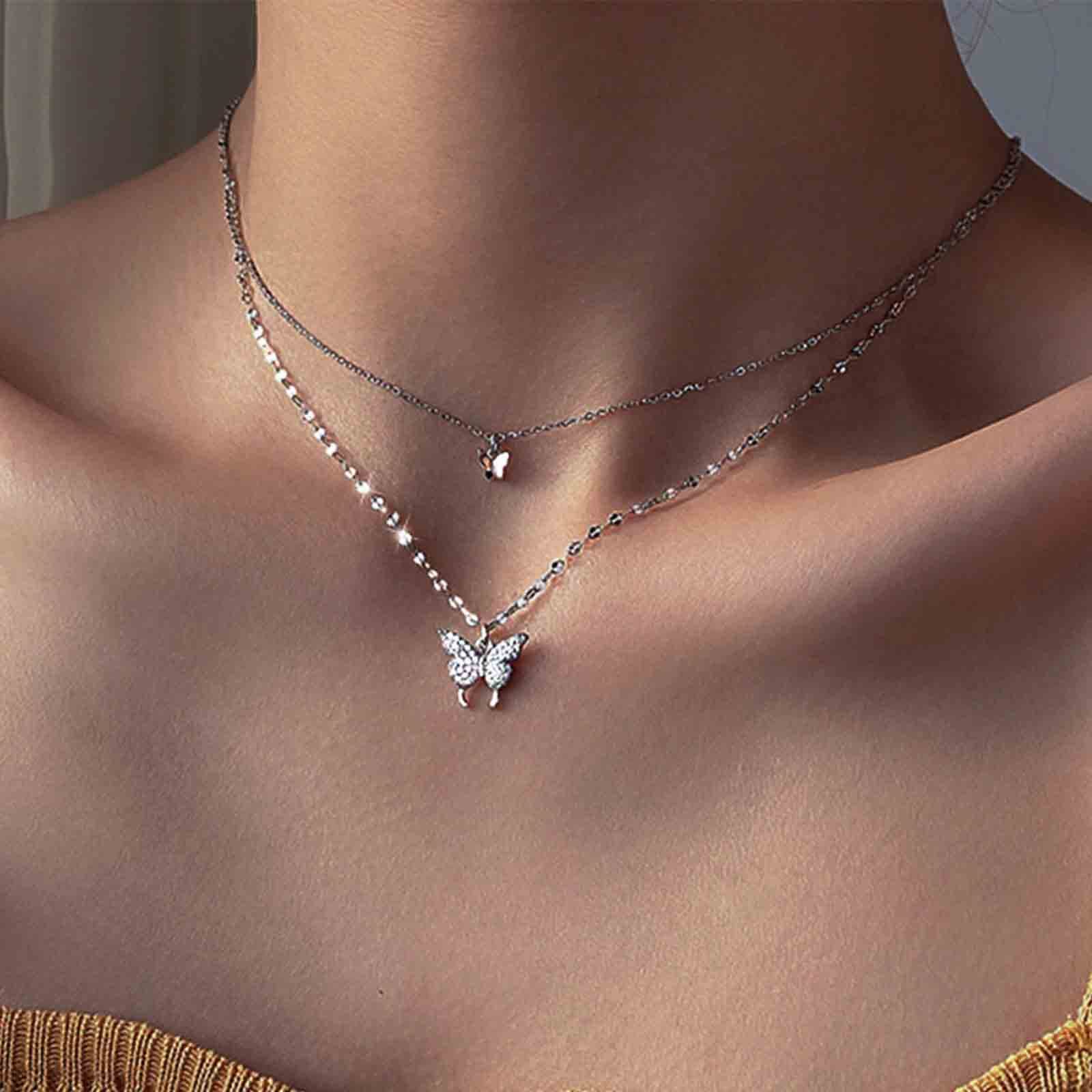 Erimberate Bohemian Butterfly Pendant Necklace Choker Silver Crystal Choker Necklace Layered Lace Chain Necklace Insect Chain Necklace Jewelry for Women and Girls