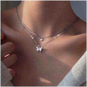 erimberate bohemian butterfly pendant necklace choker silver crystal choker necklace layered lace chain necklace insect chain necklace jewelry for women and girls