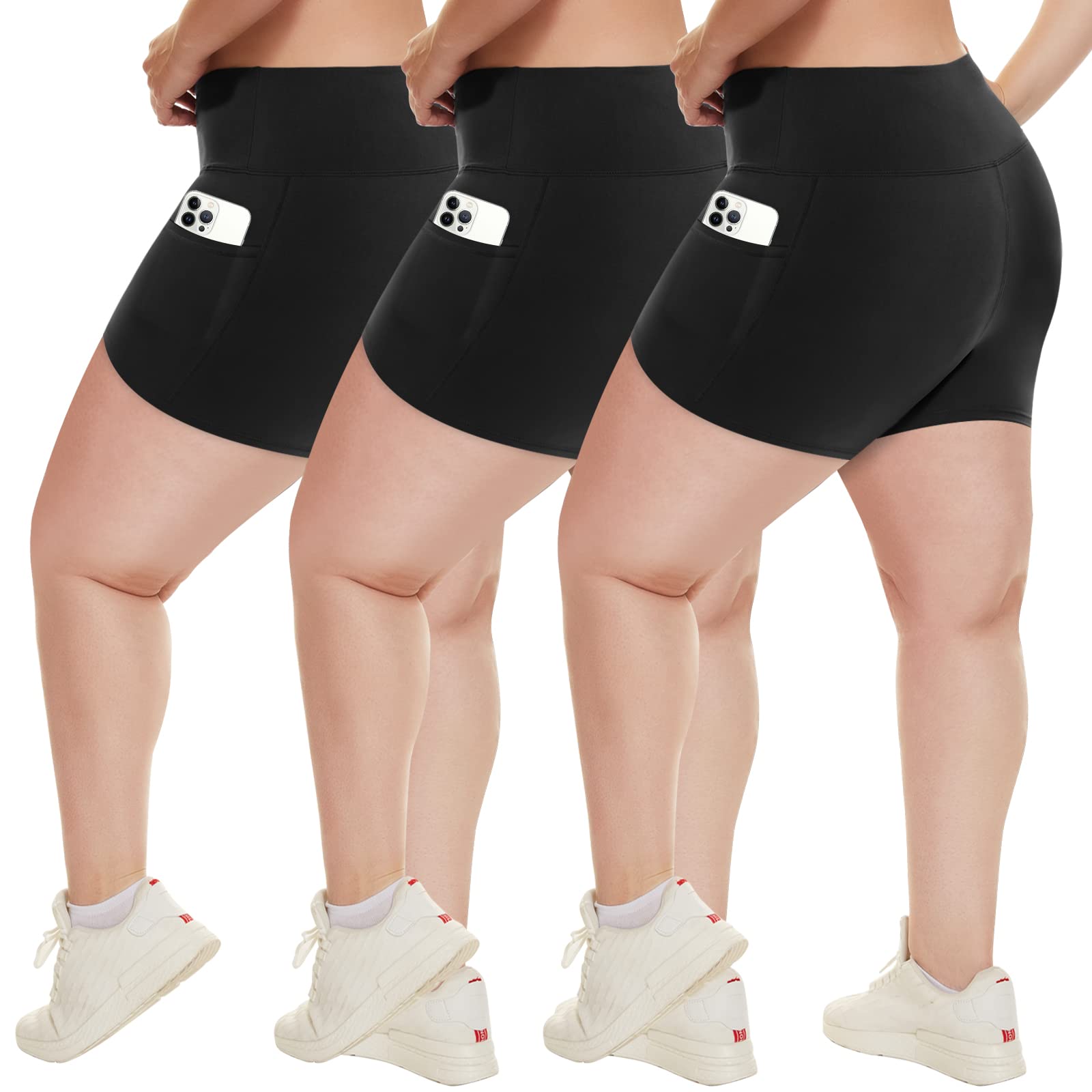 HLTPRO 3 Pack Plus Size Biker Shorts with Pockets for Women - 5Inch High Waist Soft Spandex Workout Yoga Running Shorts, Large-X-Large