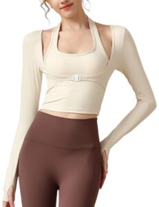 gihuo long sleeve crop top workout women athletic yoga running cropped tops slim fit sport gym shirts(apricot, s)