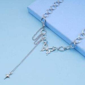 Iaceble Punk Butterfly Link Chain Necklace Butterfly Cross Choker Necklace Cross Butterfly Clavicle Necklace Silver Circle Rings Necklace Chain Jewelry for Women and Girls