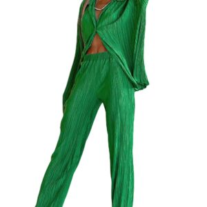 Franhais Wide Leg Pants Sets Women 2 Piece Outfits Casual Long Sleeve Button Down Shirt Linen Pants Outfits Fashion Streetwear (Clear Green, S)