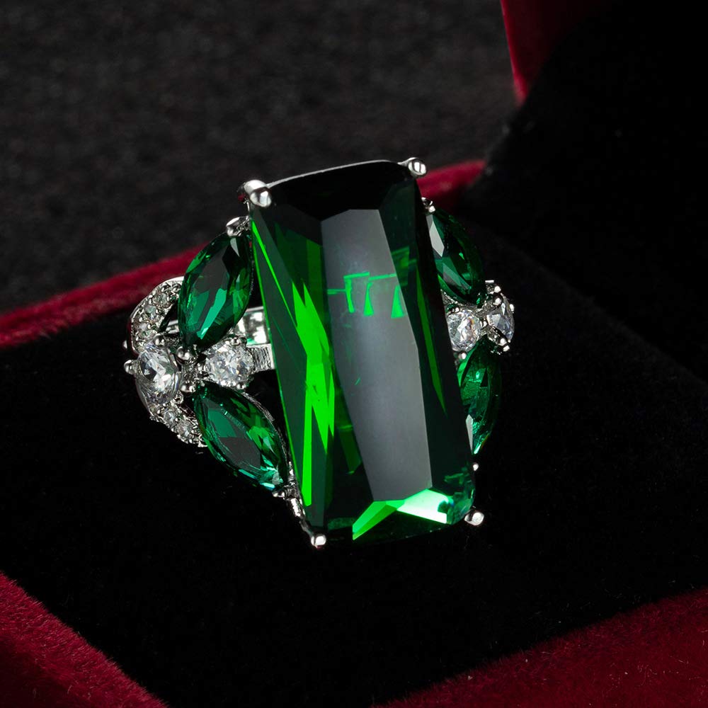 Hsitgexf Huge Lab-Grown Green Gemstone Ring Emerald Cut CZ Cubic Zirconia with Marquise Side Stones Fashion Women's Wedding Engagement Anniversary Ring (US size 6)