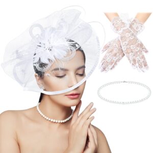 3 pieces fascinators hats for women tea party hat feathers veil mesh hat lace gloves pearl choker necklace set for wedding cocktail party, white