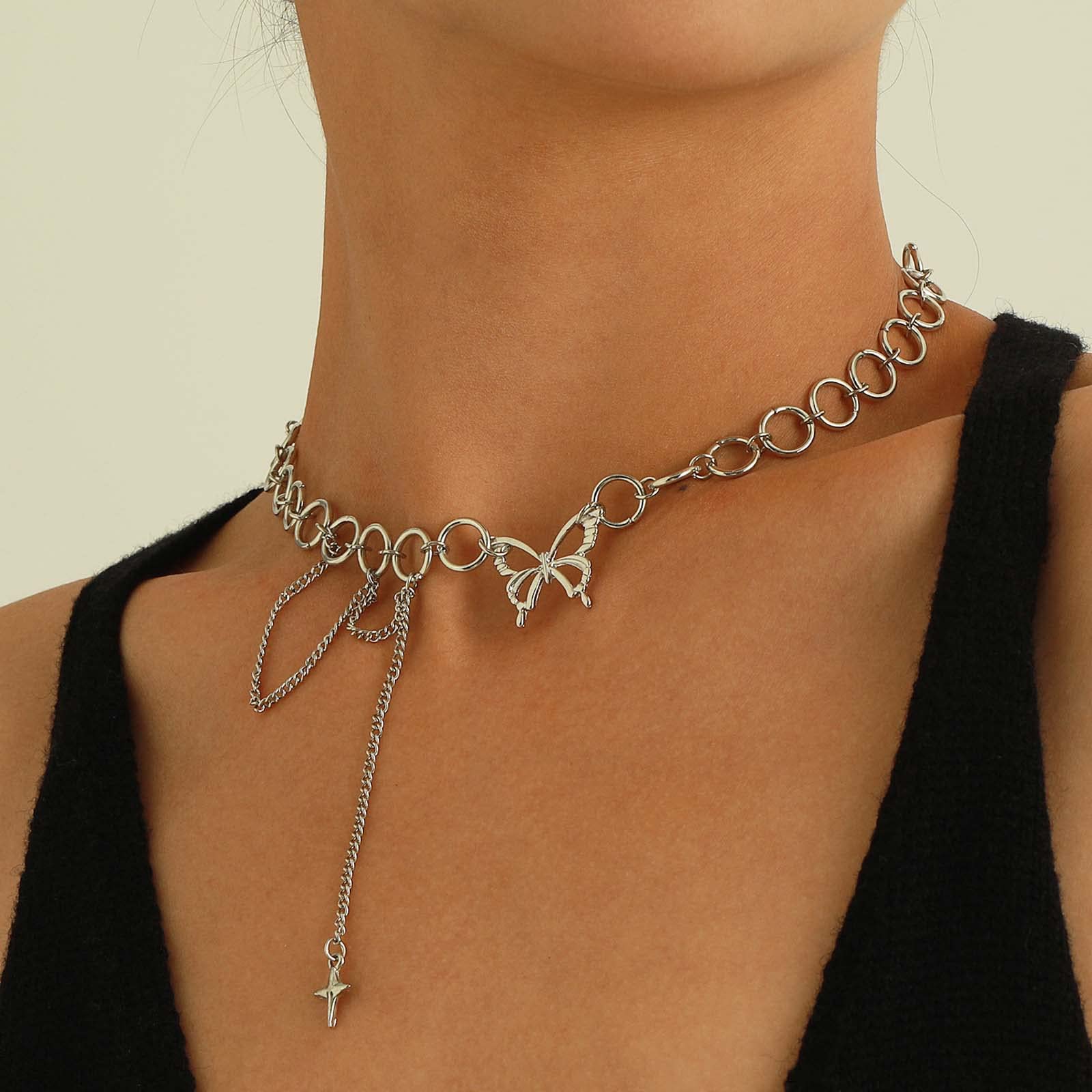 Iaceble Punk Butterfly Link Chain Necklace Butterfly Cross Choker Necklace Cross Butterfly Clavicle Necklace Silver Circle Rings Necklace Chain Jewelry for Women and Girls