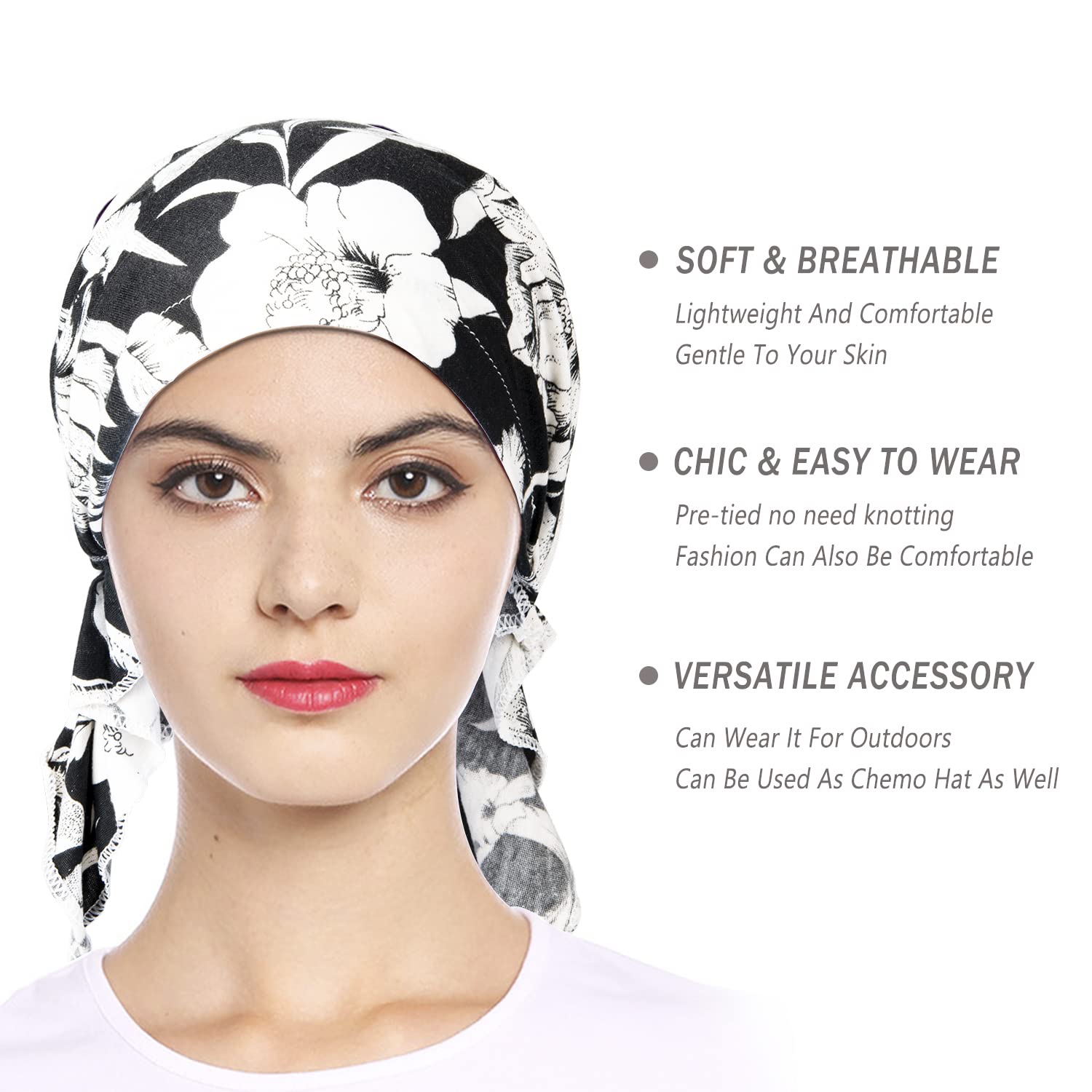 ELLEWIN Headwear 3 Pack Soft Head Scarf Wrap Slouchy Beanie Skull Cover Hat Cap Pre Tied Bandana Hair Loss for Women Girls