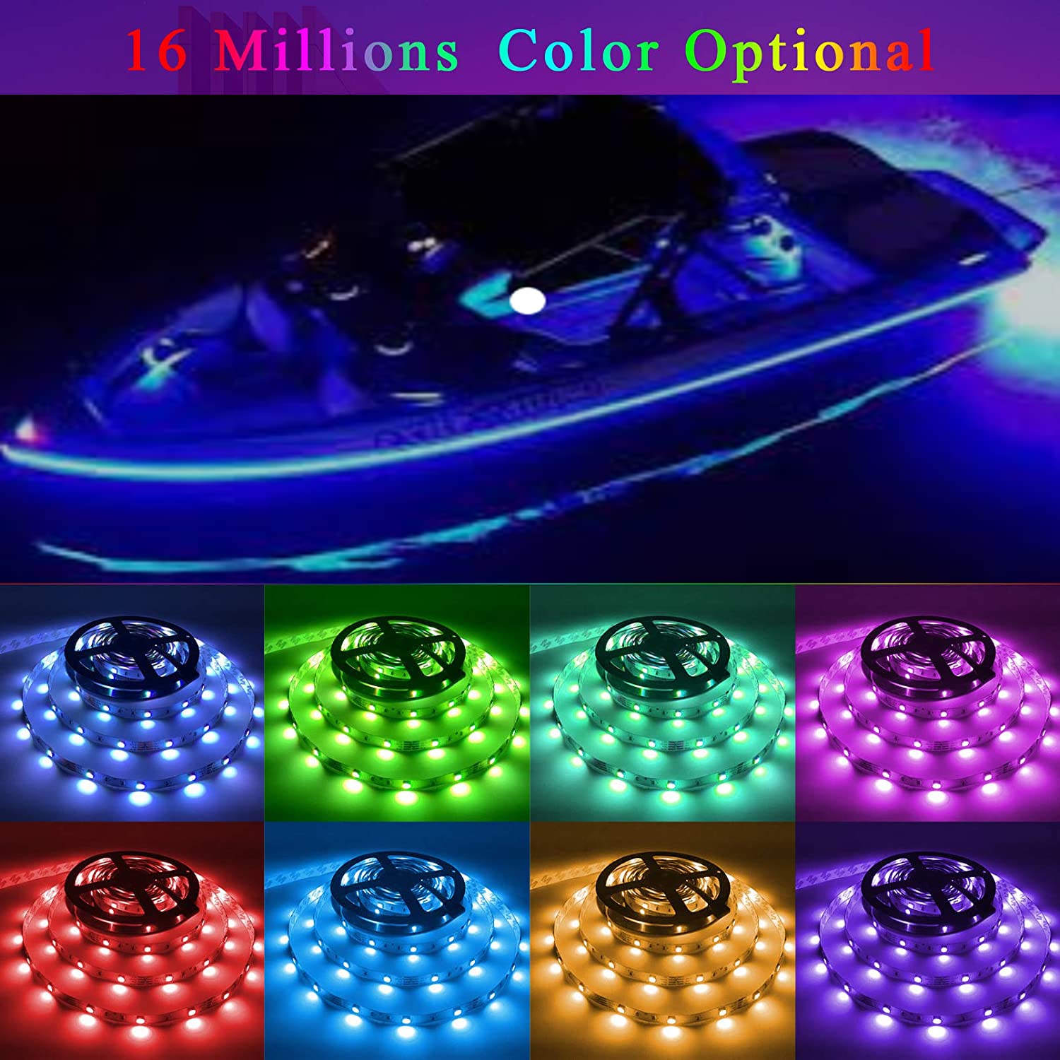 32.8Ft Boat Lights, Waterproof Led Strip Lights, 20 Colors Changing Boat Accessories with Remote, 12V Flexible RGB Lights for Boat Sailboat Kayak Fishing RV Awning Lights