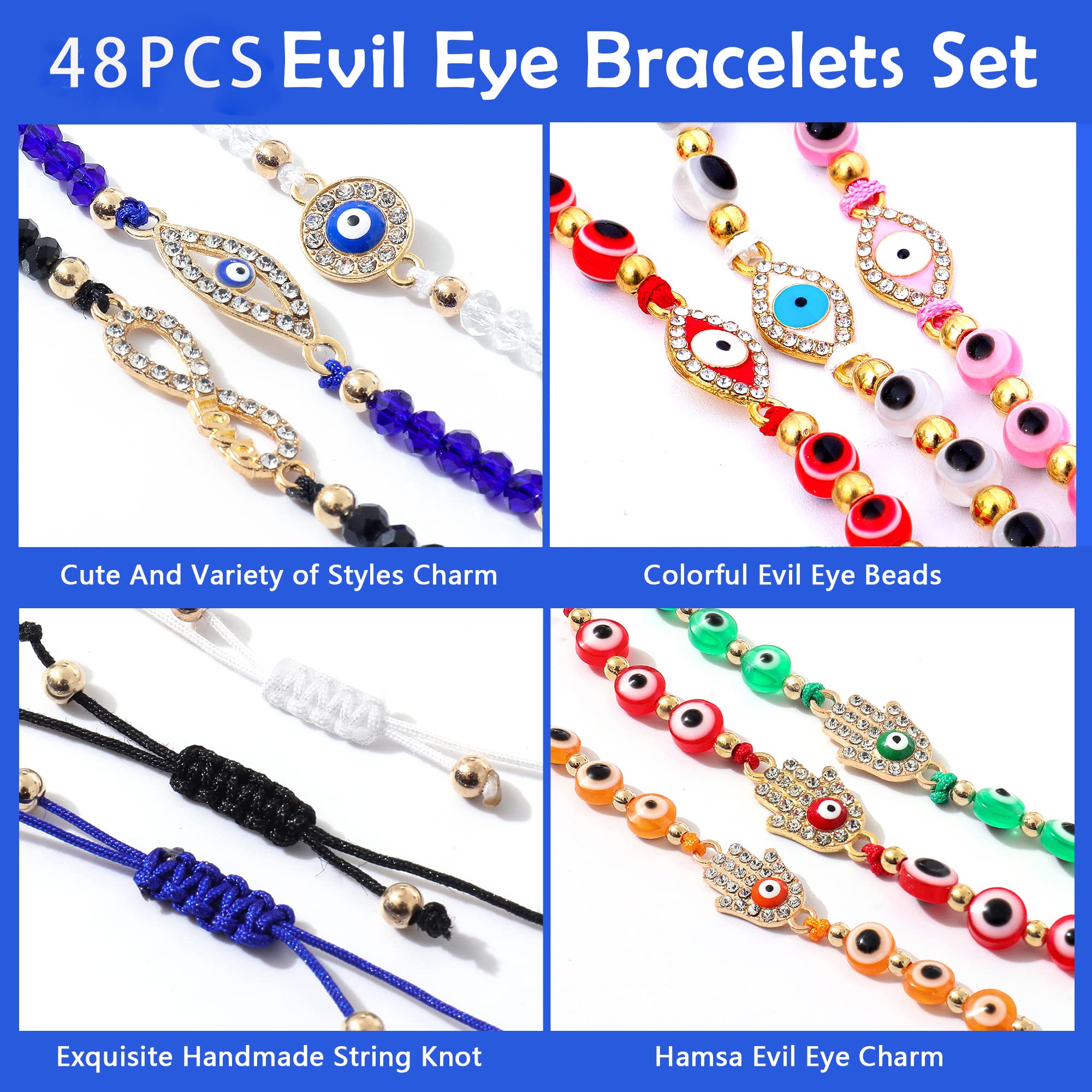 48 Pcs Evil Eye Bracelets Mexican Bracelets Hamsa Bracelet Set Protection Mal De Ojo Bracelets Gold Evil Eye Anklets Jewelry Gift for Women Men