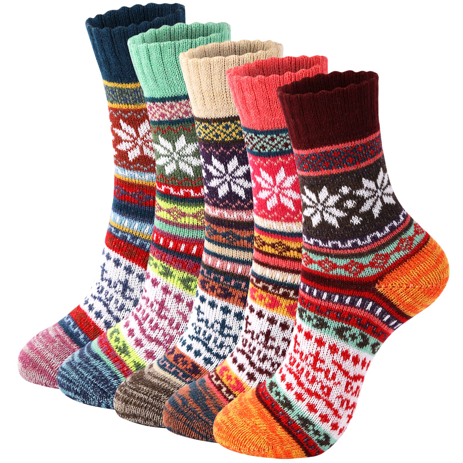 5 Pairs Comfortable and Warm Vintage Crew Socks for Women - Soft Wool Knit Cabin Socks, Cozy Thick Winter Gifts