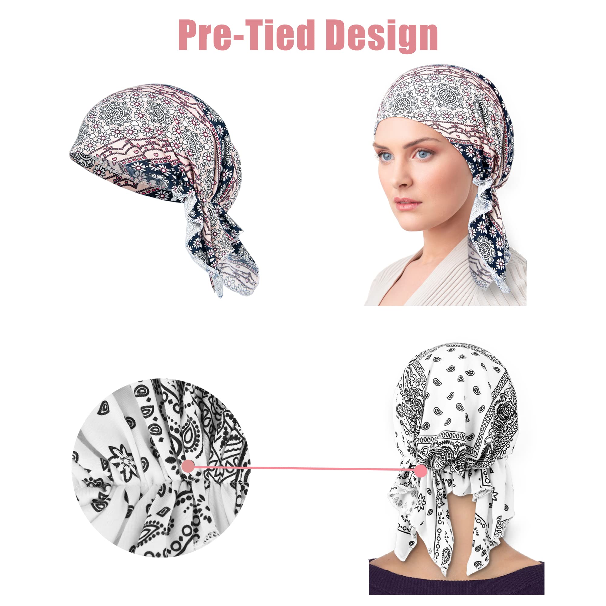 ELLEWIN Headwear 3 Pack Soft Head Scarf Wrap Slouchy Beanie Skull Cover Hat Cap Pre Tied Bandana Hair Loss for Women Girls