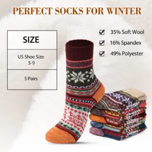 5 Pairs Comfortable and Warm Vintage Crew Socks for Women - Soft Wool Knit Cabin Socks, Cozy Thick Winter Gifts