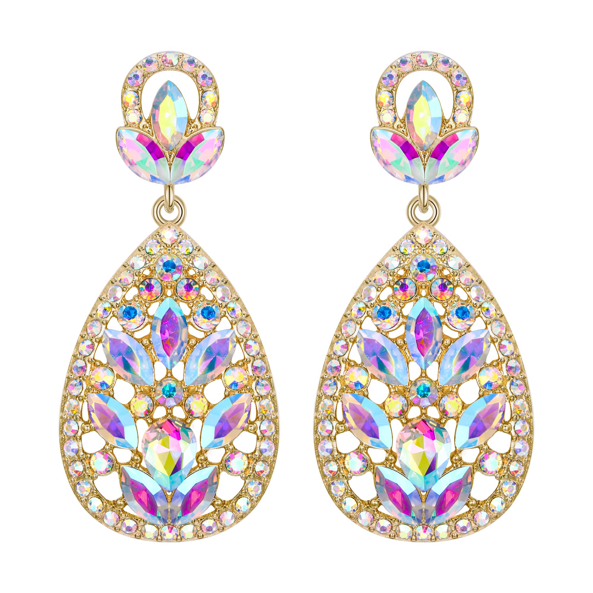 EleQueen Clip On Earrings for Women Rhinestone Crystal Wedding Bridal Bohemia Teardrop Chandelier Dangle Earrings Iridescent Clear Gold-Tone