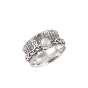 925 Sterling Silver Round Pearl Spinner Ring Handmade Silver Meditation Boho Worry Ring Valentine's Day Bridal Gift (9)