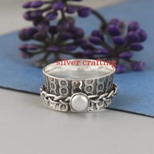 925 Sterling Silver Round Pearl Spinner Ring Handmade Silver Meditation Boho Worry Ring Valentine's Day Bridal Gift (9)