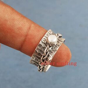 925 Sterling Silver Round Pearl Spinner Ring Handmade Silver Meditation Boho Worry Ring Valentine's Day Bridal Gift (9)