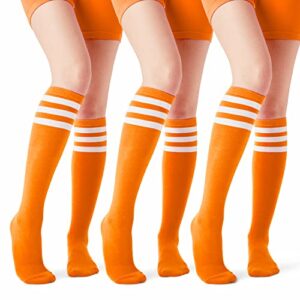 joulli women's knee high athletic socks stripe tube outdoor sport socks 3 pairs, orange