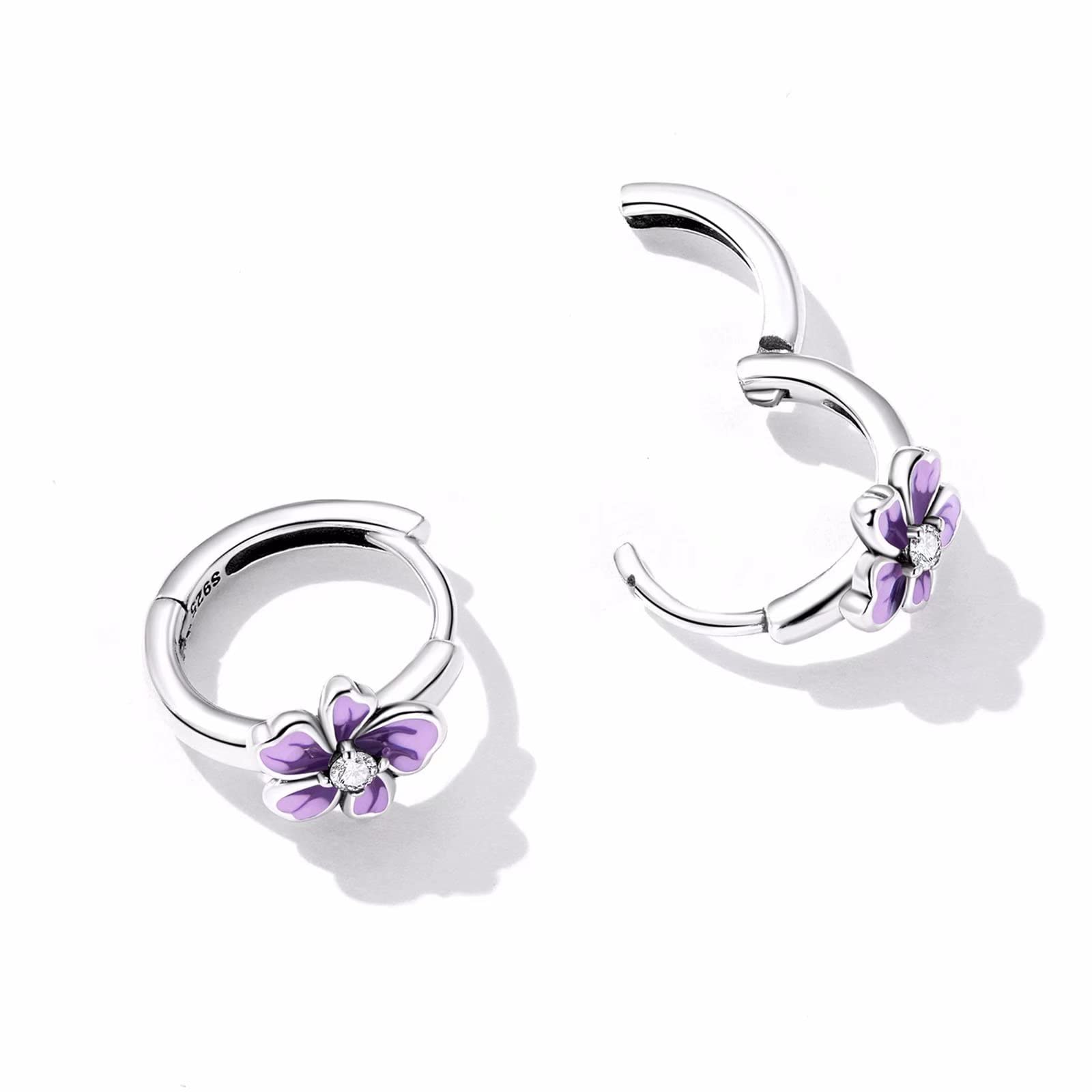 Qings Flower Small Hoop Earrings for Women, S925 Sterling Silver Hypoallergenic Huggie Hoop Earrings Purple Fresh Flower Earrings Jewelry Gifts for Women