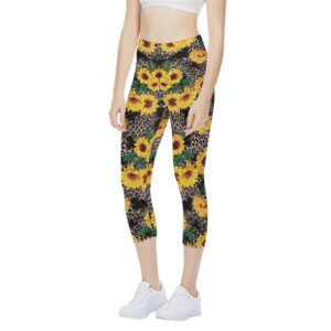 Poceacles Sunflower Leopard Print Womens Capri Yoga Leggings with Pocket, High Waist Running Yoga Pants Gym Sport Tummy Control Leggings