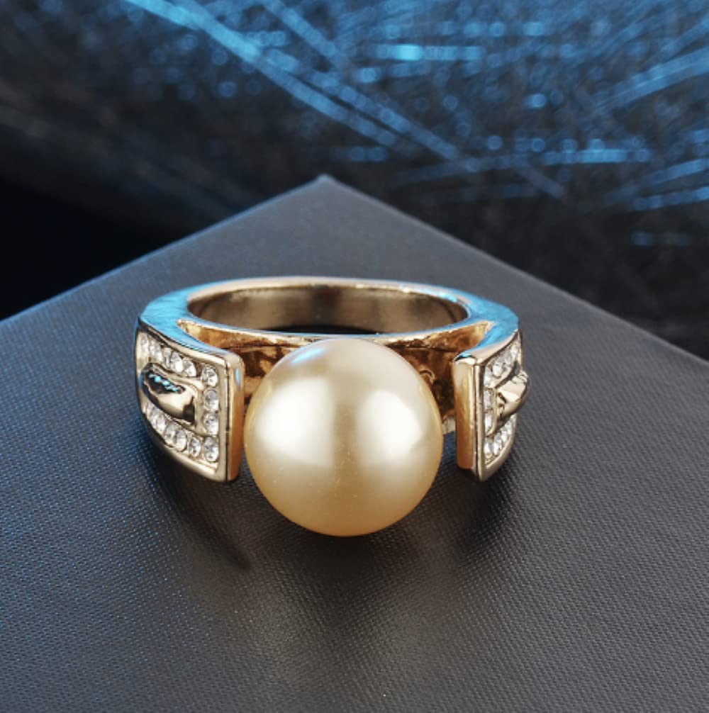 HUKQBUNX 18K Gold Simple Temperament Natural Pearl White Pearl Diamond Inlaid Women's Ring Vintage Women's Precious Couple Ring Size 6-9 (Size 8)