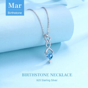 Blue March Birthstone Necklace for Women, Dainty Aquamarine Necklace Jewelry 925 Sterling Silver Heart Birthstone Gemstone Necklace Valentines Mothers Day Gifts for Her Wife Mom Anniversary Birthday Gifts for Women