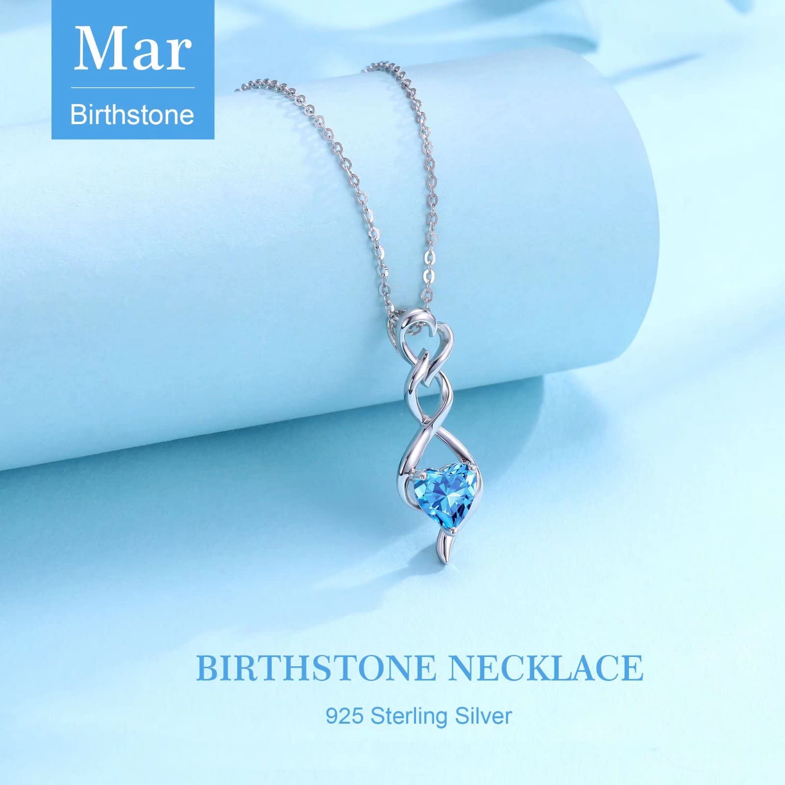 Blue March Birthstone Necklace for Women, Dainty Aquamarine Necklace Jewelry 925 Sterling Silver Heart Birthstone Gemstone Necklace Valentines Mothers Day Gifts for Her Wife Mom Anniversary Birthday Gifts for Women