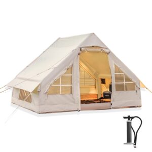 inflatable camping tent with pump, glamping tents, easy setup 4 season waterproof windproof outdoor blow up tent, luxury cabin tent with mesh windows & doors