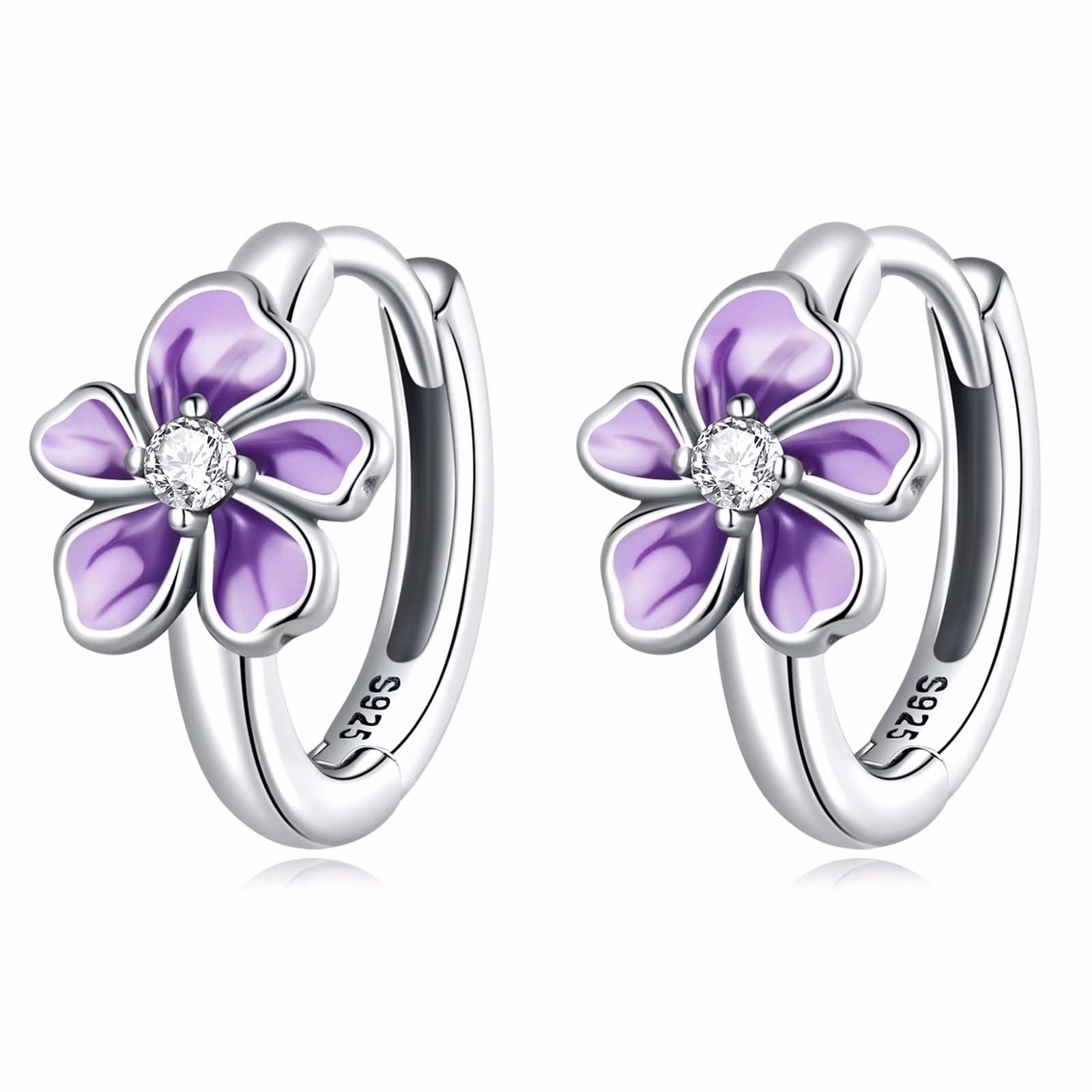 Qings Flower Small Hoop Earrings for Women, S925 Sterling Silver Hypoallergenic Huggie Hoop Earrings Purple Fresh Flower Earrings Jewelry Gifts for Women