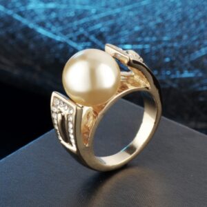 HUKQBUNX 18K Gold Simple Temperament Natural Pearl White Pearl Diamond Inlaid Women's Ring Vintage Women's Precious Couple Ring Size 6-9 (Size 8)