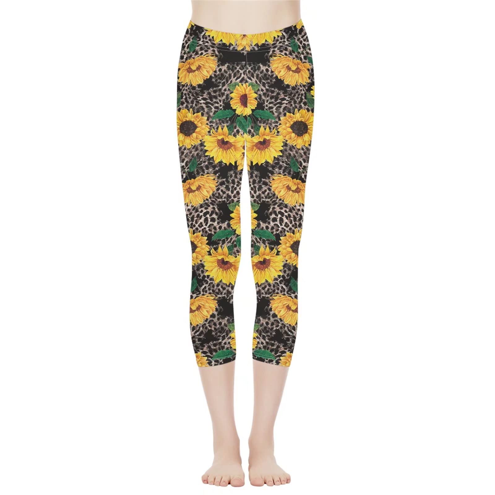 Poceacles Sunflower Leopard Print Womens Capri Yoga Leggings with Pocket, High Waist Running Yoga Pants Gym Sport Tummy Control Leggings