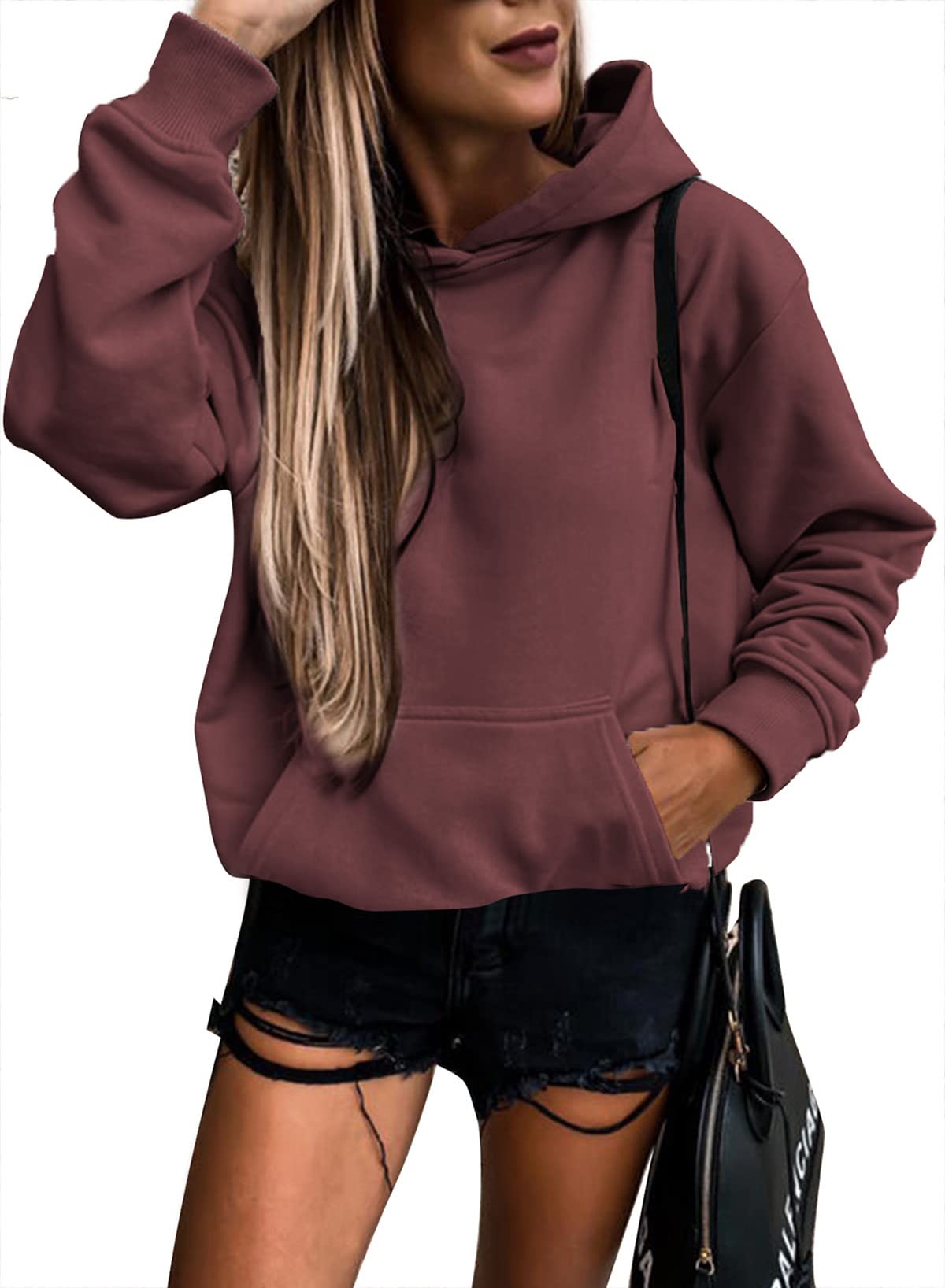 SHEWIN Womens Sweatshirts Casual Long Sleeve Fleece Hooded Pullover Sweatshirt Lightweight Cute Fall Tops Outfits Loose Hoodies for Women,US 12-14(L),Dark Red