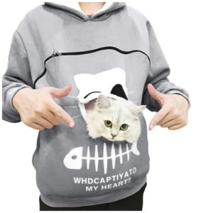 Women's Men's Pet Carrier Hoodie Kitten Puppy Holder Animal Pouch Sweatshirt Top Carry Cat Breathable Pullover Blouse Gray