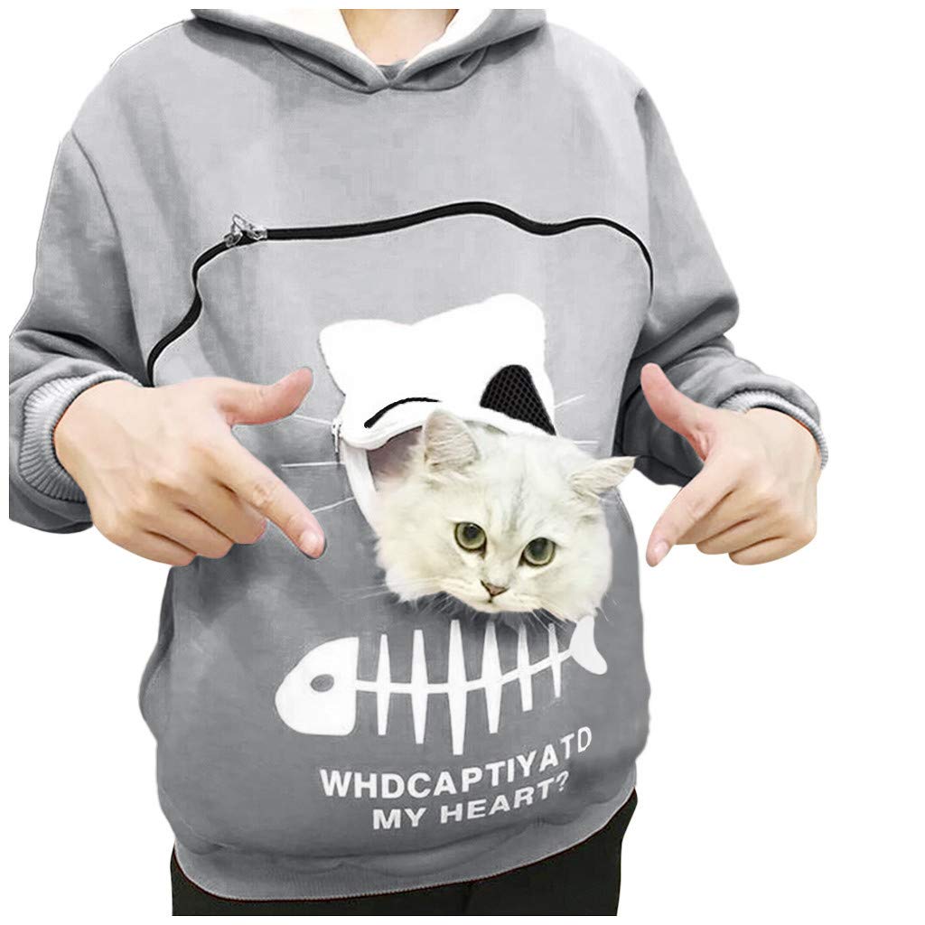 Women's Men's Pet Carrier Hoodie Kitten Puppy Holder Animal Pouch Sweatshirt Top Carry Cat Breathable Pullover Blouse Gray