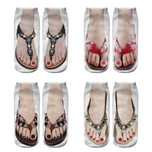 syrisora 4 pairs funny flip flop socks - manicure print socks 3d pattern socks sandal printed socks low cut ankle socks running yoga socks (b)