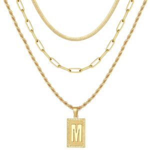 layered initial necklaces for women, 14k gold plated layering snake choker necklace paperclip chain necklace square letter m initial necklace gold layered necklaces for women gold necklaces for women