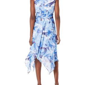 NINE WEST Women's Hankerchief Hem SLVLESS MIDI W/Keyhole, Royal Multi, 14