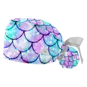 podery mermaid scales working cap with button & sweatband, 2 packs reusable surgical surgery hats ponytail holder, multi color, multicolor, medium-3x-large