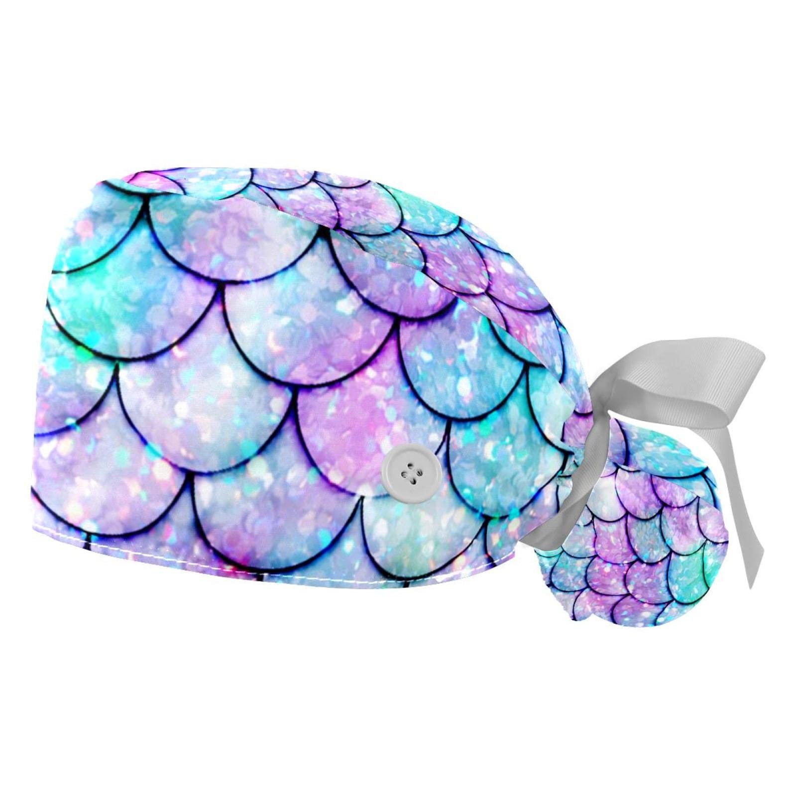 Podery Mermaid Scales Working Cap with Button & Sweatband, 2 Packs Reusable Surgical Surgery Hats Ponytail Holder, Multi Color, Multicolor, Medium-3X-Large