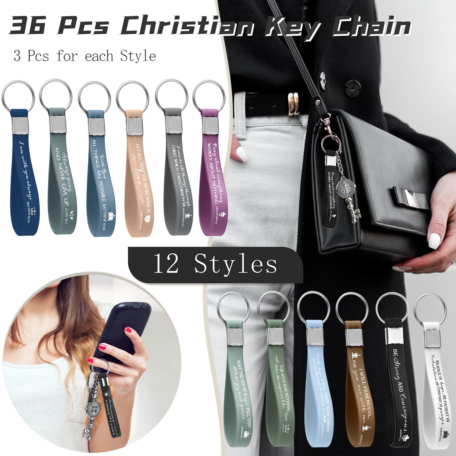 36 Pcs Christian Keychains Church Gifts in Bulk Bible Verse Religious Silicone Inspirational Sunday School Teacher Gifts (Mixed Color)