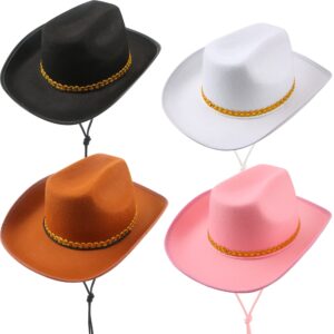 sgbetter 4 pack pinch front cowboy hat novelty western cowboy cowgirl hat for adult halloween cosplay dress up cowboy theme party accessories (black, pink, white, brown)