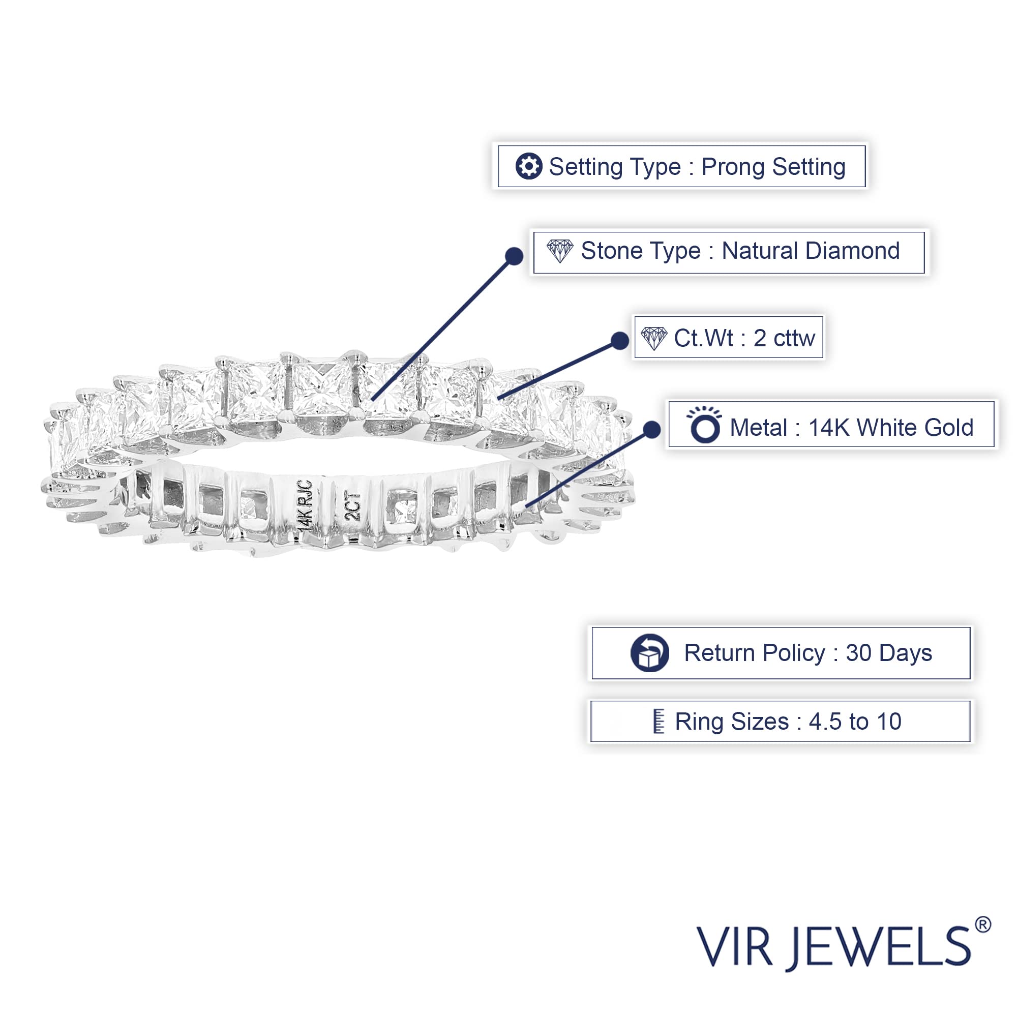 Vir Jewels 2 cttw Diamond Eternity Ring for Women, Princess Cut Diamond Wedding Band in 14K White Gold Prong Set, Size 6