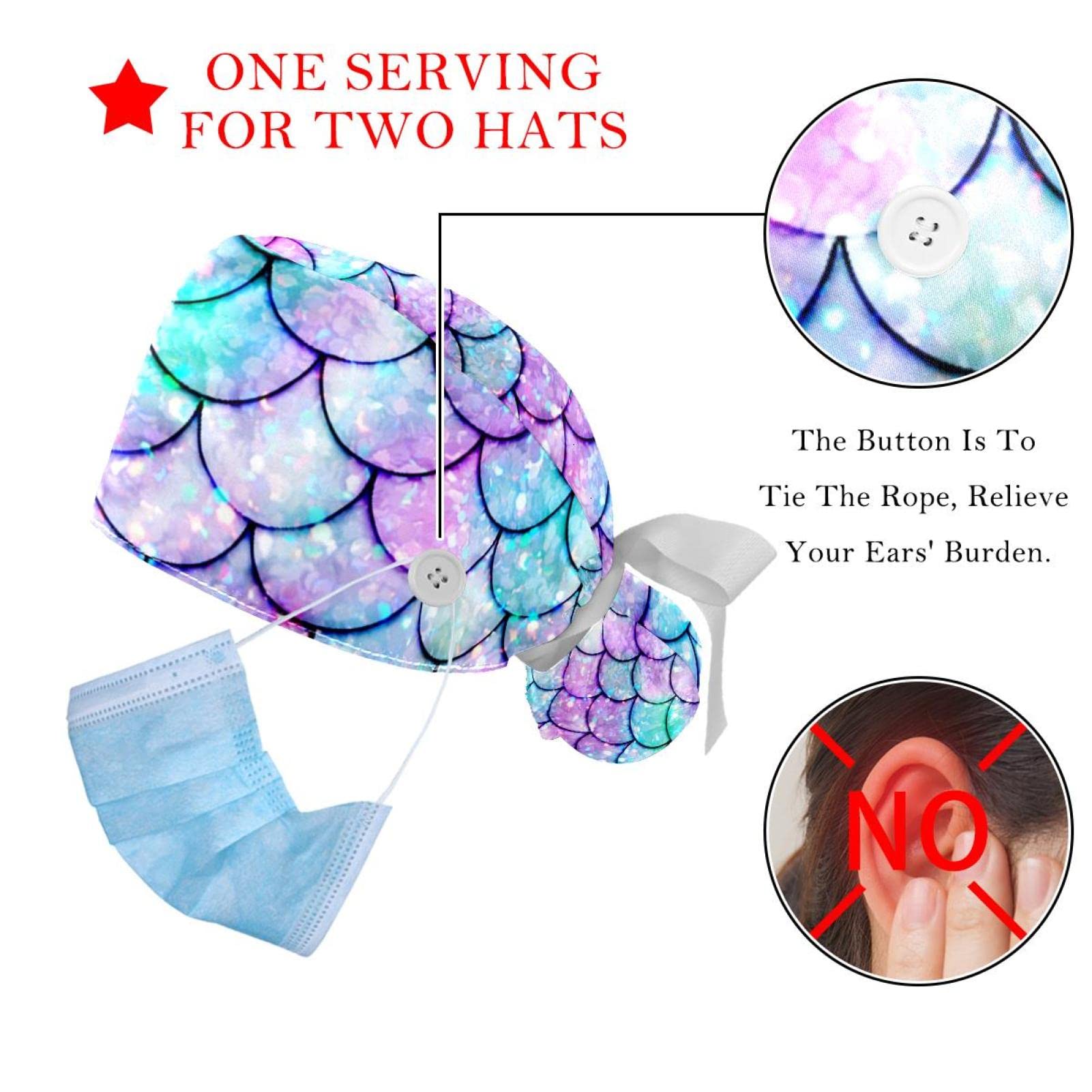 Podery Mermaid Scales Working Cap with Button & Sweatband, 2 Packs Reusable Surgical Surgery Hats Ponytail Holder, Multi Color, Multicolor, Medium-3X-Large