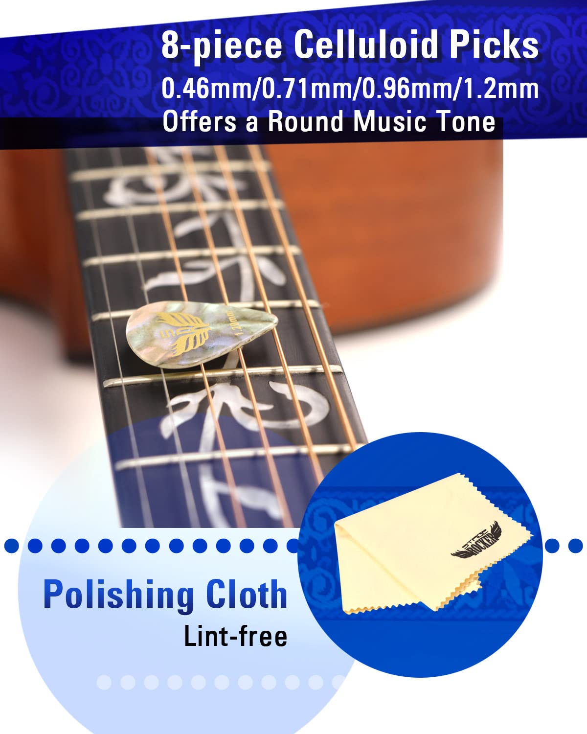 Stage Rocker Guitar Accessories Gift Box for Acoustic and Electric Guitars, Blue Jacquard Weave Guitar Strap, Picks, Capo, Tuner, Cleaning Cloth, 5-in-1 Essential Gift