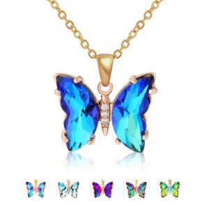 bonjoulry butterfly iridescent crystal necklace for women: stainless steel chain minimalist bohemian dainty choker necklaces aesthetic butterfly jewelry gifts (gold plated | sapphire blue)