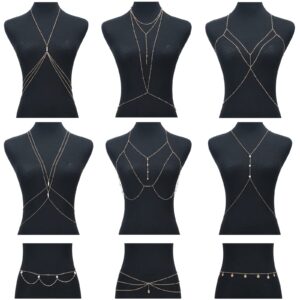 9 Pcs Body Chain Jewelry Bikini Bra Chain Retro Waist Belly Chain Necklace Boho Belly Waist Chain Body Jewelry Set for Women Summer Beach Gold