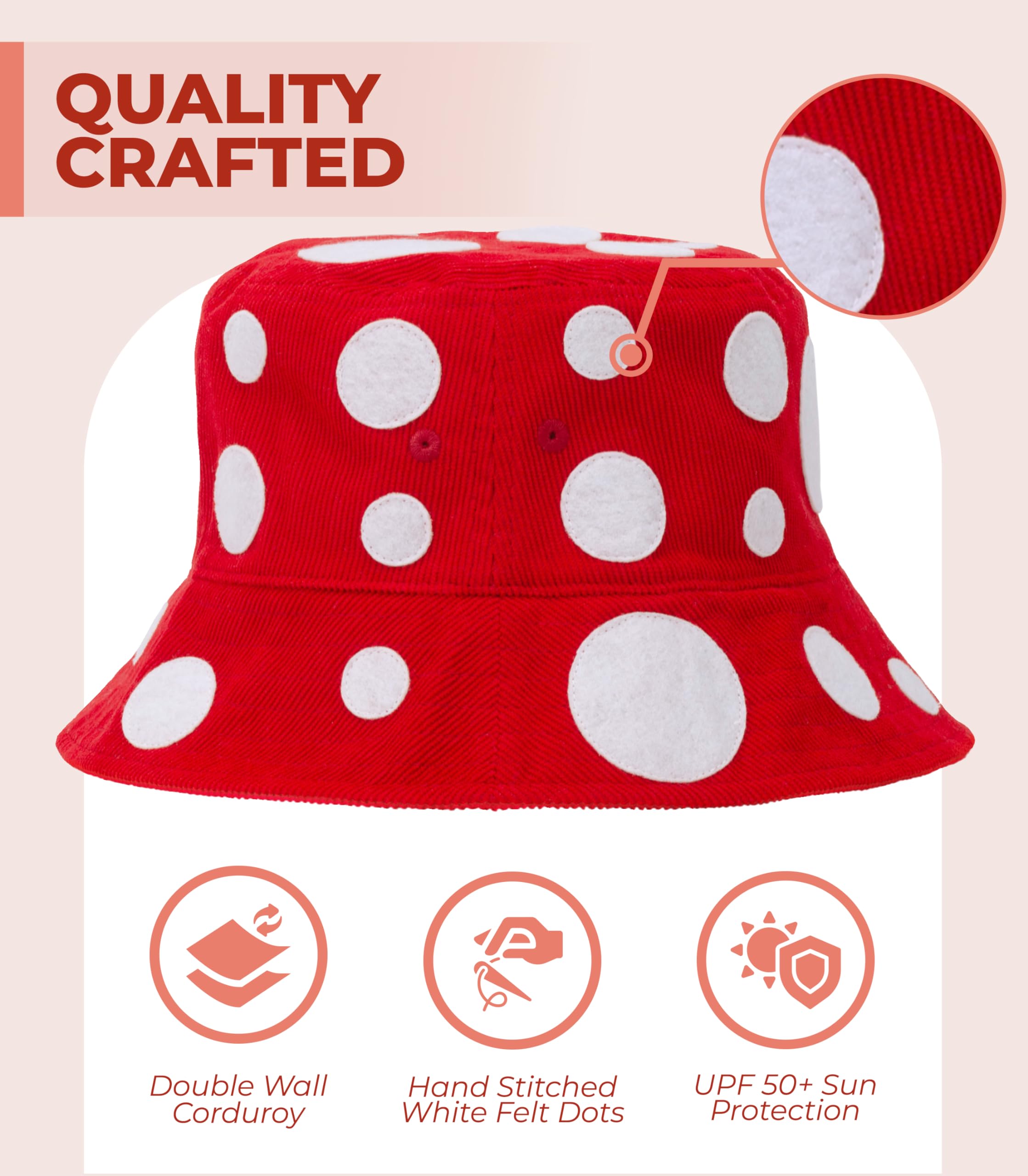 Shrumiez Red Mushroom Hat - Mushroom Bucket Hat for Mario Toad Toadstool Toadette Rave Cosplay Costume Outfit Adult Women Men