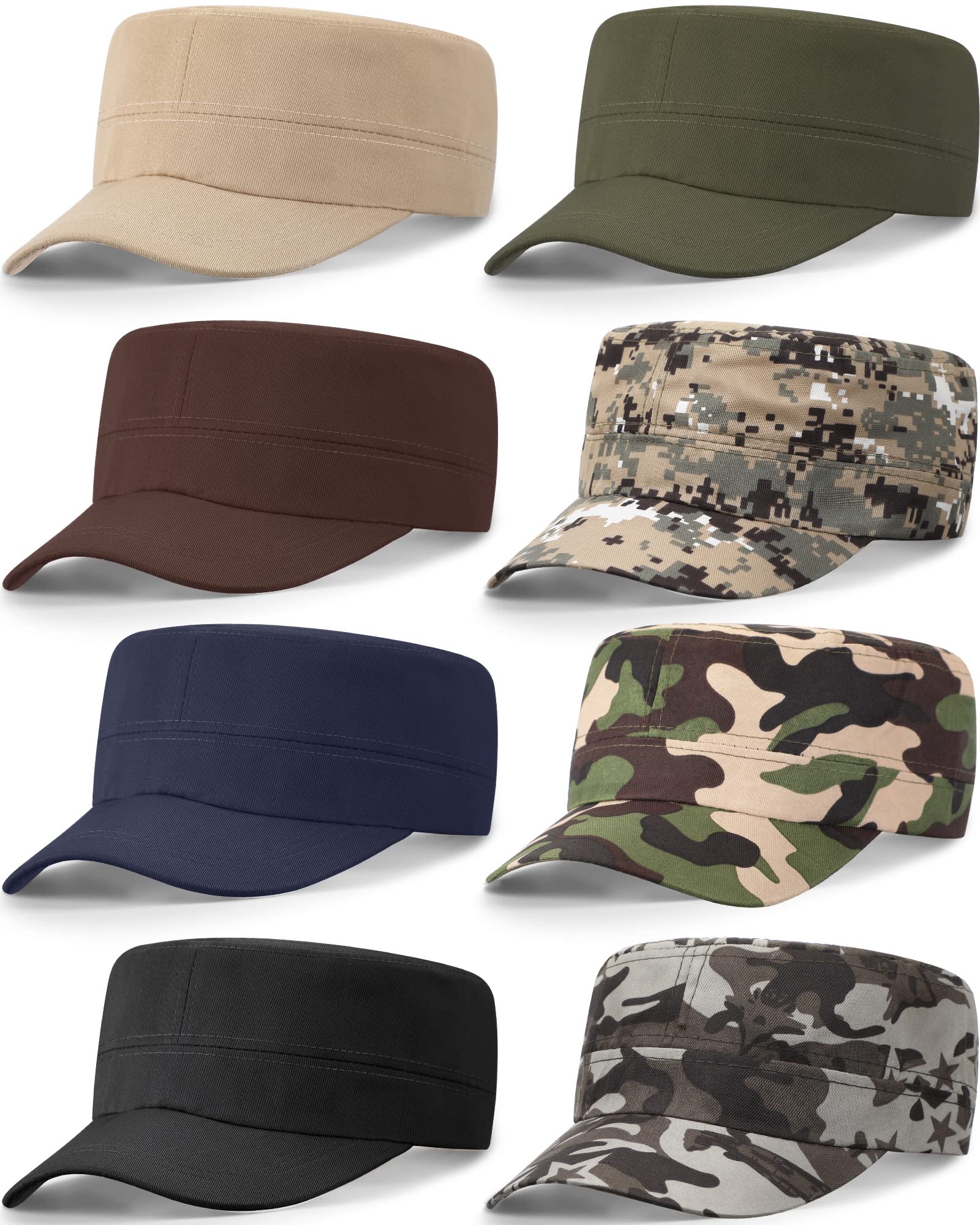 8 Pcs Military Style Caps for Men Cadet Army Adjustable Unisex Washed Cotton Cadet Hat for Women (Classic Style)