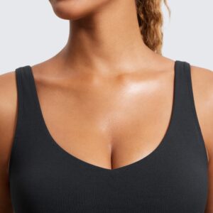 CRZ YOGA Butterluxe Womens V Neck Longline Sports Bra - U Back Padded Crop Workout Tank Tops with Built in Bra Black Small