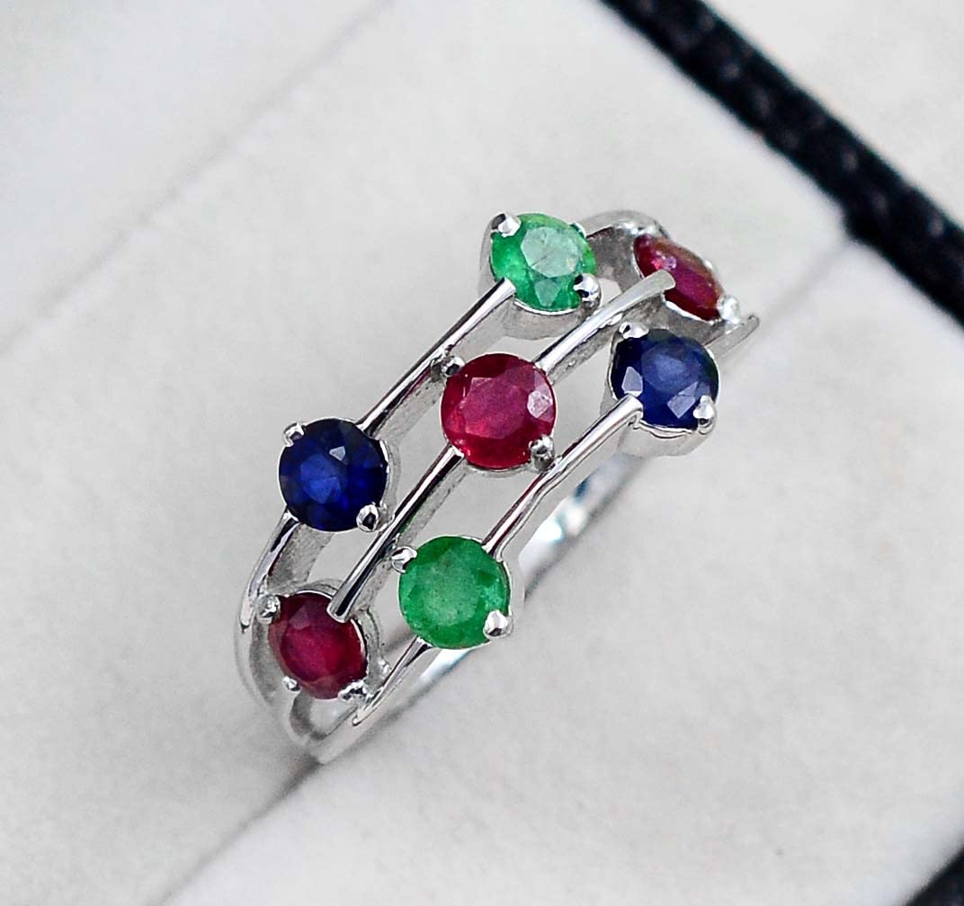 Natural Ruby Emerald Sapphire Mix Gemstone 4 MM Round Cut 925 Sterling Silver Cluster Unisex Proposal Ring For Christmas Gift (Rhodium Plated Silver, 11)